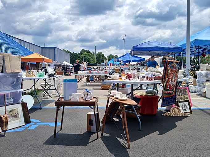 Outdoor vendors create a colorful marketplace where furniture, glassware, and mystery boxes await your curious exploration and negotiation skills.