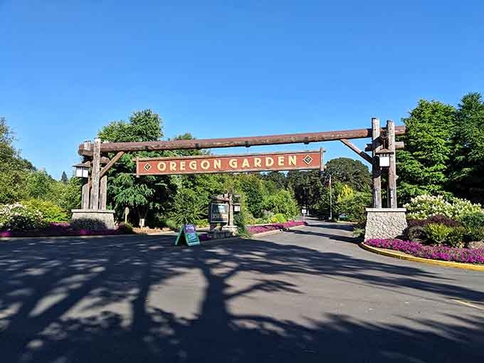 The rustic entrance gate welcomes you into eighty acres of botanical beauty that'll make your camera very happy.