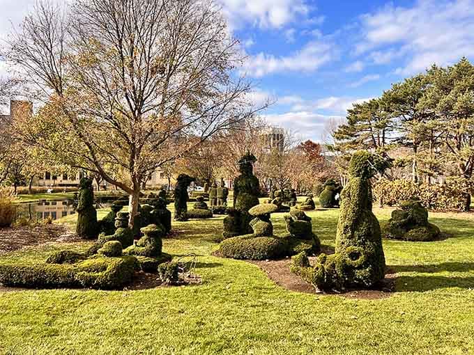 Winter light casts long shadows across this botanical art gallery where every figure tells a story.