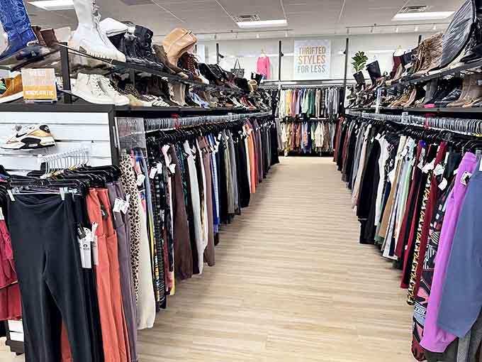 Rows of trendy clothing stretch endlessly, offering style-conscious shoppers a rainbow of affordable fashion choices.