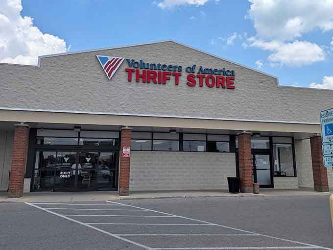 Patriotic colors and a welcoming entrance invite shoppers to explore aisles of affordable finds.
