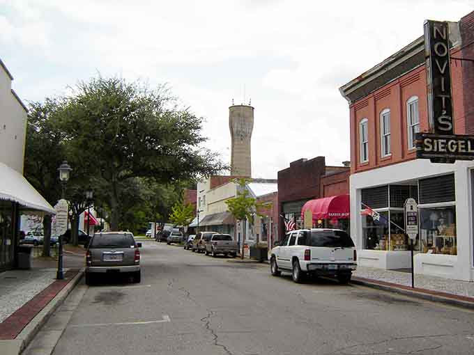 The water tower rises above downtown like a lighthouse guiding retirees home to peaceful, tree-shaded streets.