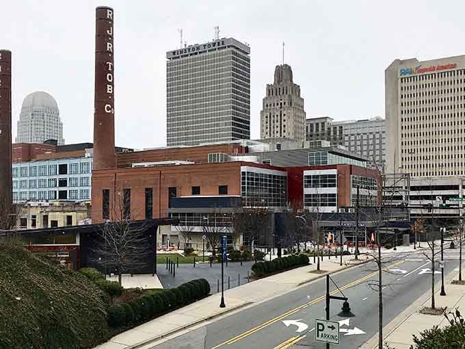 That iconic R-J-R tower stands tall while modern buildings nestle around it, proving old and new can be best friends.