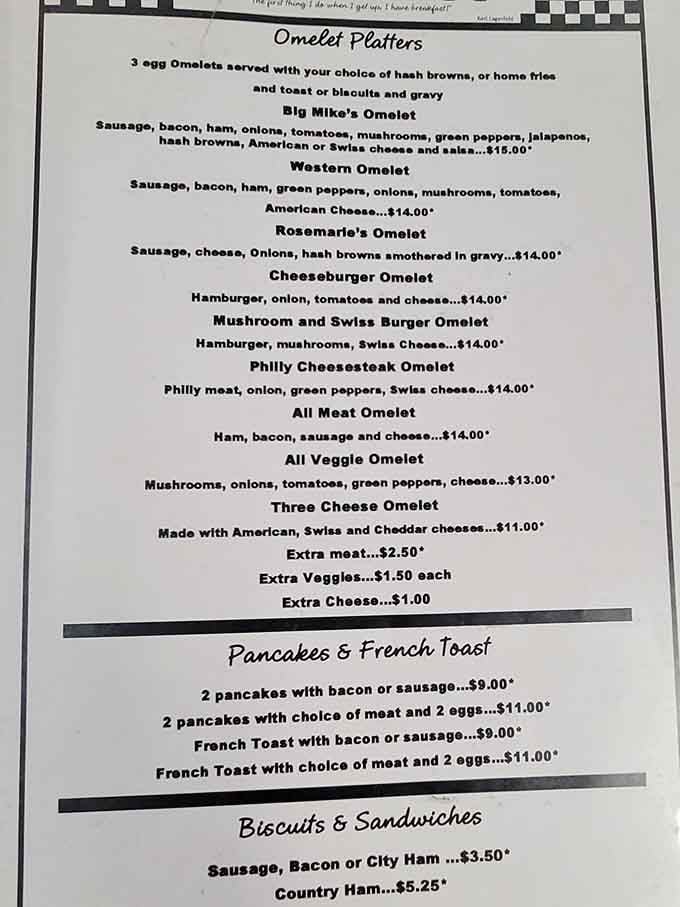 This menu reads like a love letter to breakfast, with omelets that could feed a small army.