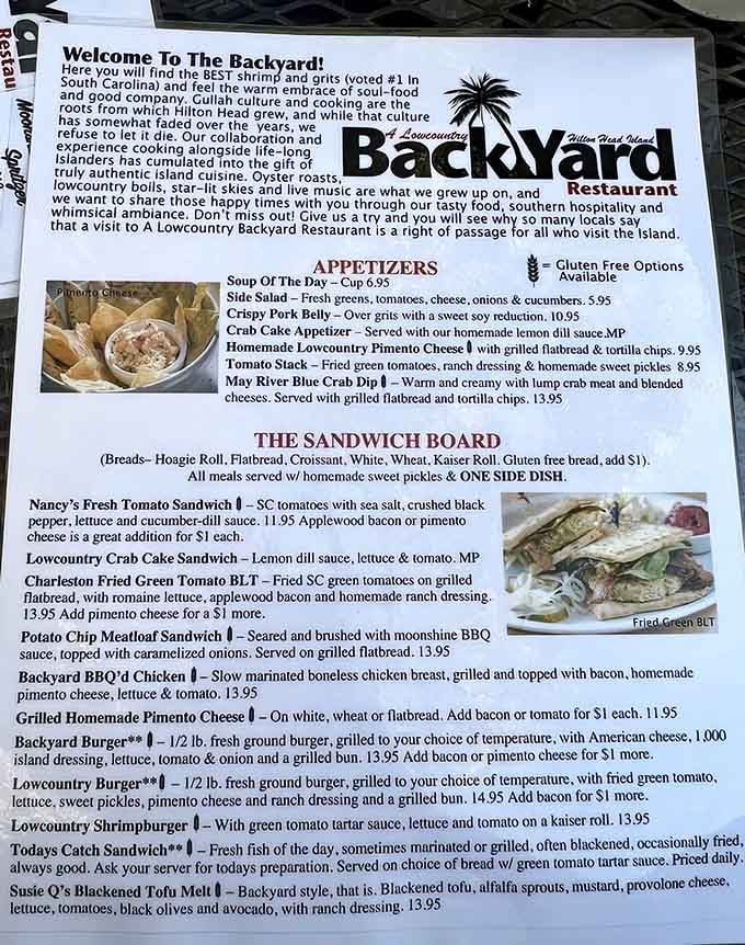 This menu reads like a love letter to Lowcountry cuisine, where every dish tells a delicious story worth experiencing.