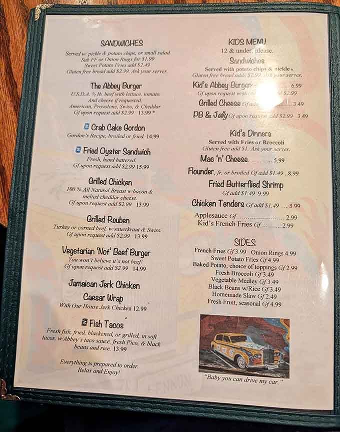 The menu reads like a greatest hits compilation, mixing pub classics with coastal favorites and unexpected surprises.