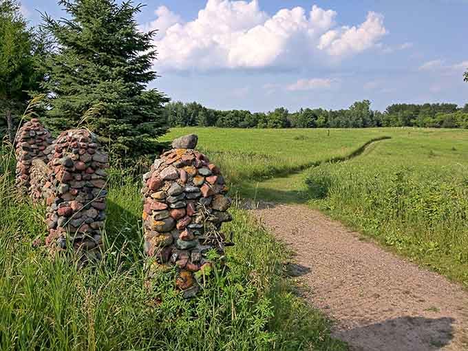 Stone pillars marking prairie paths remind you that Minnesota's beauty doesn't need fancy packaging to impress.