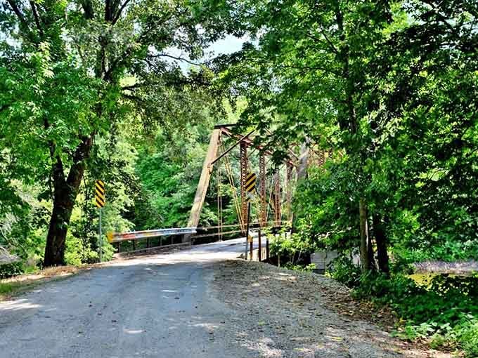 Spring's lush greenery softens the bridge's industrial bones, proving nature always gets the last word in decorating.