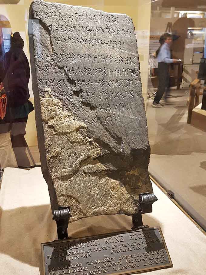 The Kensington Runestone itself, looking remarkably unimpressed by all the controversy it's caused over the past century.