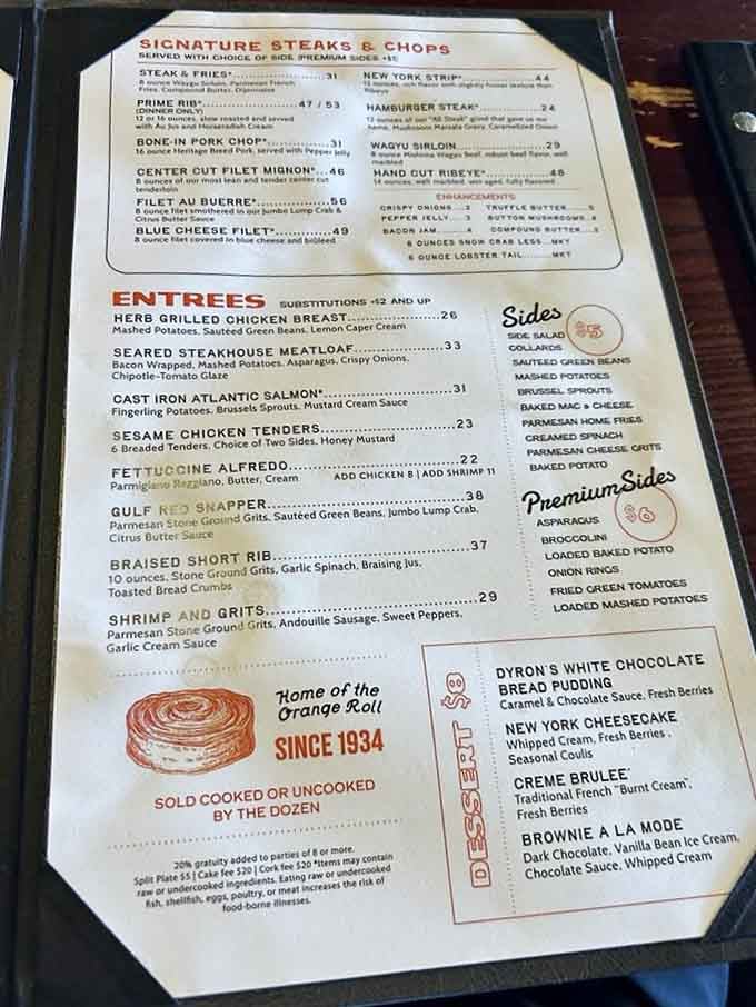 When a menu proudly declares "Home of the Orange Roll Since 1934," you know priorities are properly aligned.