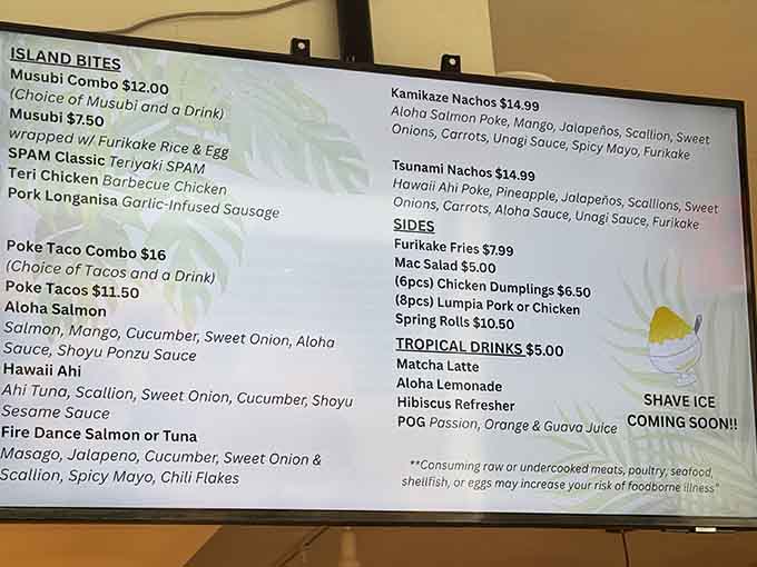 When a menu promises both SPAM musubi and Fire Dance poke, you know someone's taking Hawaiian food seriously.