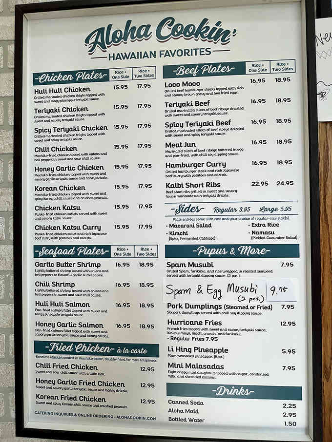 This menu reads like a love letter to Hawaiian comfort food, minus the tourist trap nonsense.