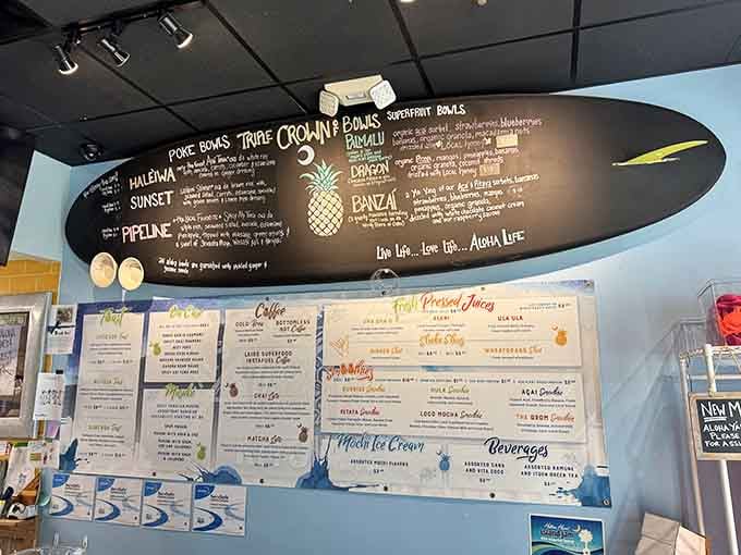 A surfboard menu board that's more appetizing than any leather-bound tome you've ever read at fancy restaurants.