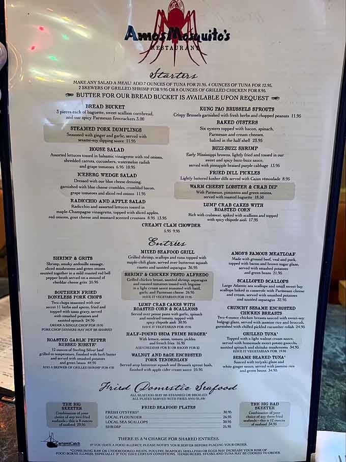 The menu at Amos Mosquito's reads like a greatest hits album of seafood and Southern comfort.
