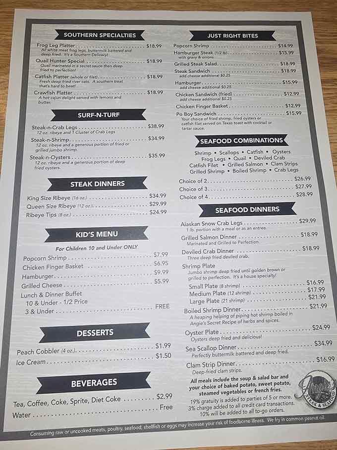 When a menu offers frog legs, crawfish, and quail alongside ribeyes, you know someone's taking Southern cooking seriously here.