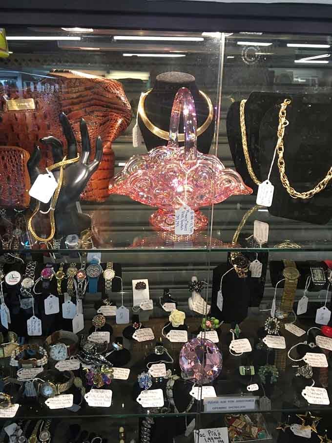 Vintage jewelry sparkles behind glass like tiny pieces of history you can actually wear to your next family gathering.