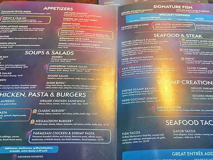A menu where the seafood options outnumber the pages, and somehow that feels perfectly right.