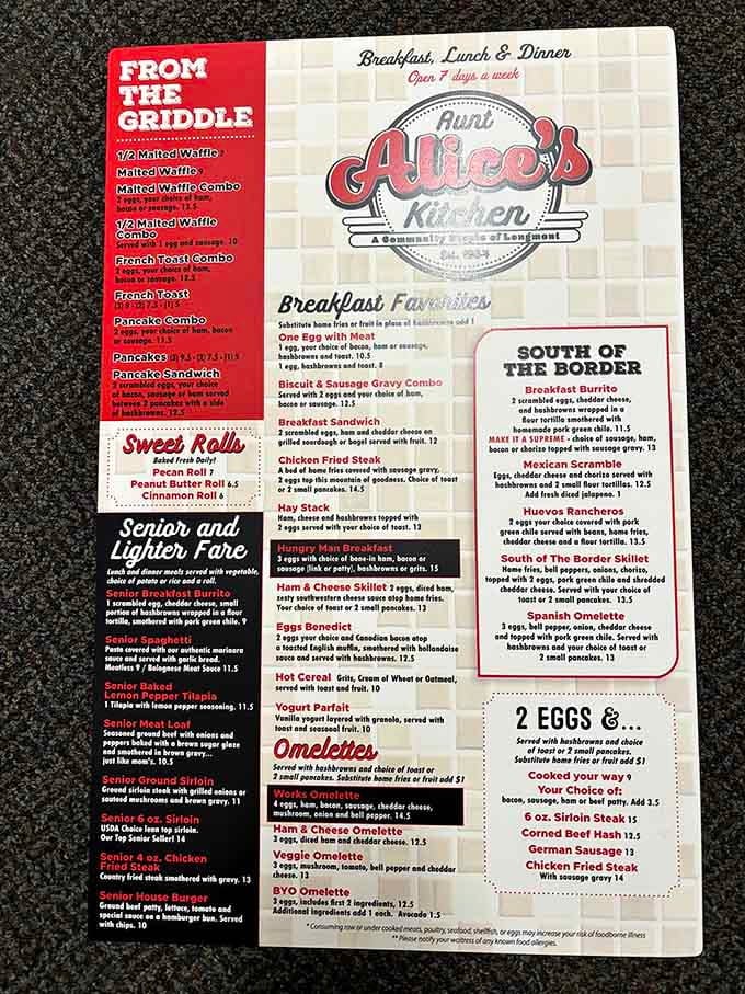 When a menu needs a "South of the Border" section this extensive, you know they're serious about breakfast.