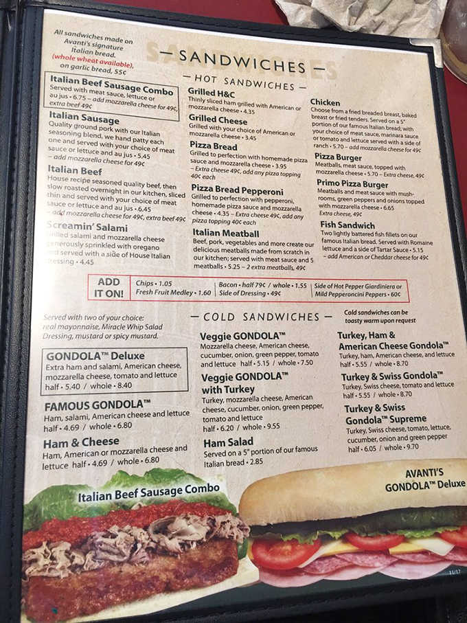 This menu reads like a love letter to Italian-American cuisine, with gondolas taking center stage like culinary rock stars.