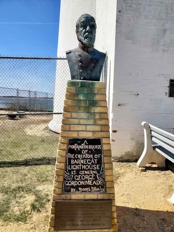 This bronze tribute honors the lighthouse's creator, proving even engineers deserve their moment in the sun.
