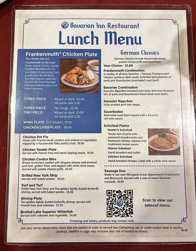 This menu reads like a greatest hits album of German cuisine, featuring more schnitzel varieties than most people knew existed.