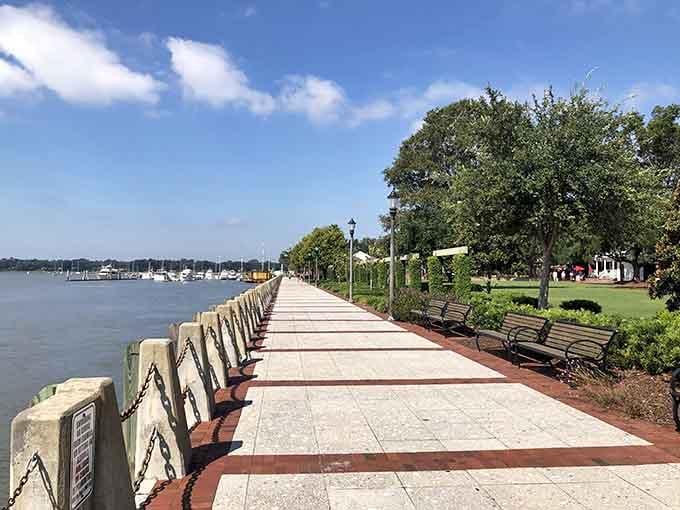 The waterfront park stretches along the river like nature's own therapy session, benches included at no extra charge.
