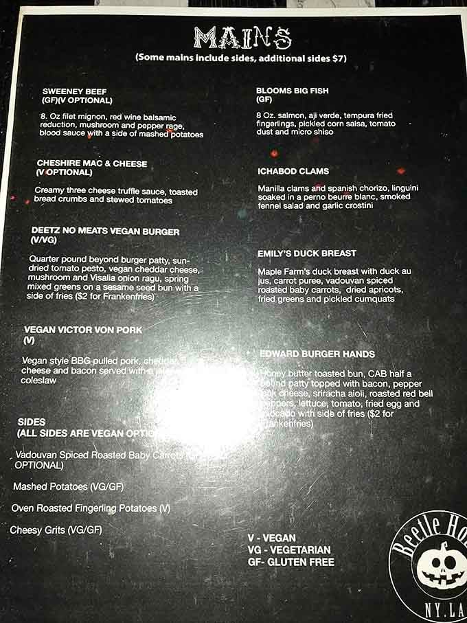 Every dish name tells a spooky story, proving that creativity extends far beyond the kitchen here.