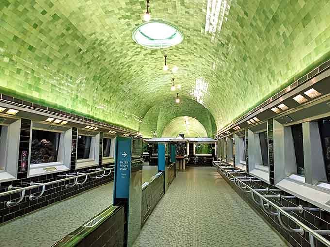 Step into this emerald cathedral where the ceiling glows like you've entered an underwater palace designed by optimistic architects.