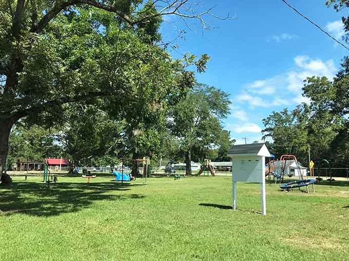 Green space and playground equipment under towering oaks remind you that simple pleasures never go out of style for families.