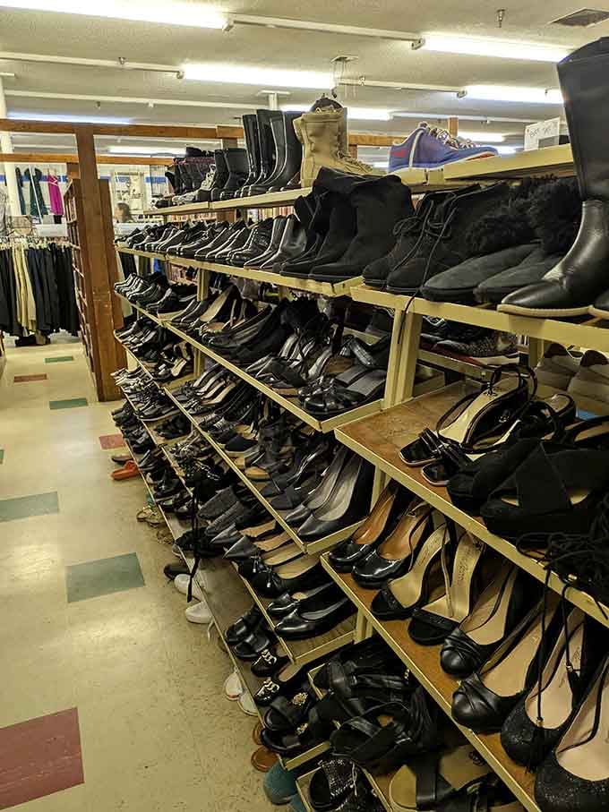 More shoes than Imelda Marcos dreamed of, organized on wooden shelves that understand the assignment perfectly.