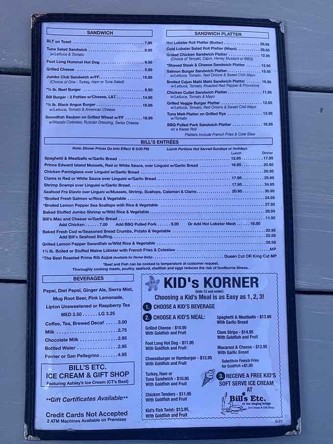 This menu reads like a greatest hits album of New England coastal cuisine, minus the inflated concert ticket prices.