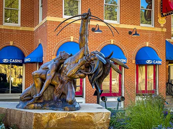This bronze bucking bronco statue captures the wild spirit that still defines Black Hawk's character today.