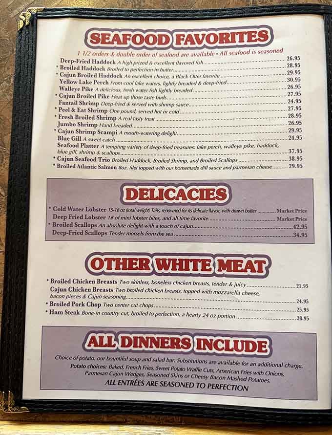 A menu that reads like a love letter to Midwestern dining, featuring seafood options that rival any coastal establishment.