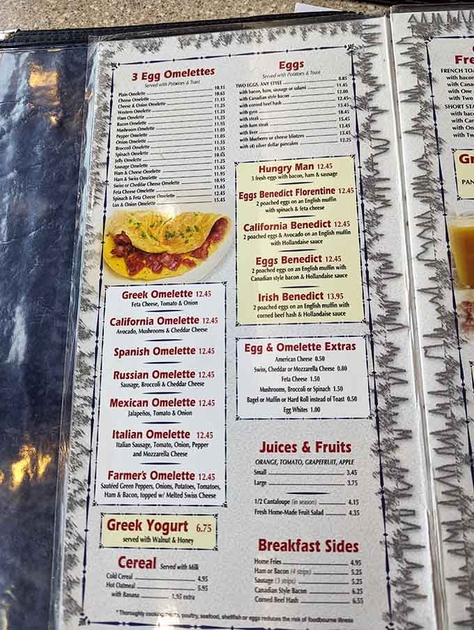 This menu reads like a love letter to breakfast, with enough omelet varieties to keep you coming back weekly.