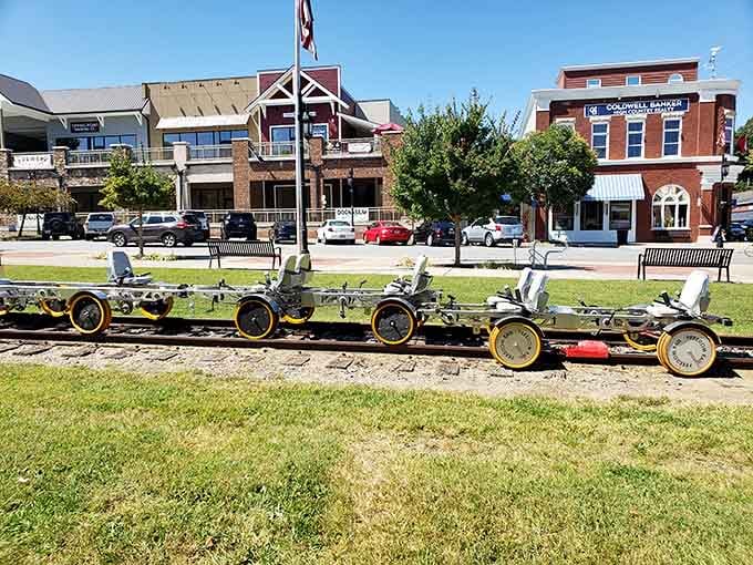 Nothing says "quirky mountain town" quite like vintage railbikes parked where normal towns would put, you know, actual cars.