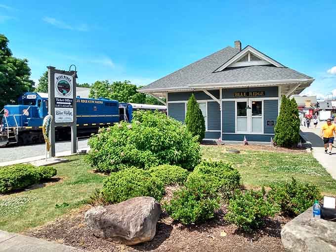 The historic Blue Ridge depot stands ready to launch your escape from the tyranny of car traffic and parking lots.