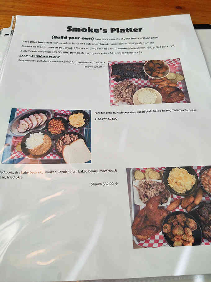 The Smoke's Platter menu lets you build your own barbecue masterpiece, choosing meats and sides like a delicious puzzle.