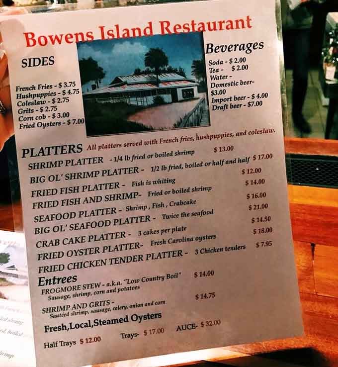 This menu reads like a love letter to the Lowcountry, written in fried seafood and served with a side of no-nonsense charm.