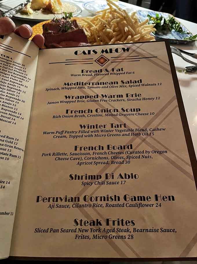 The "Cats Meow" menu section proves someone here has both a sense of humor and seriously good taste in food.