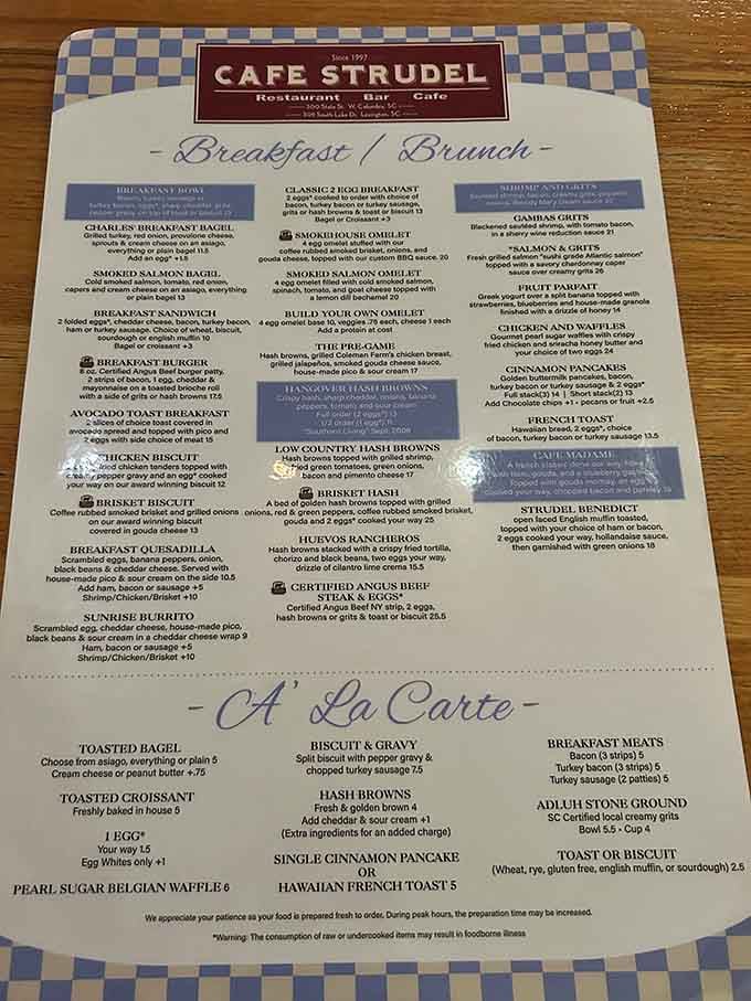 This menu reads like a breakfast lover's dream journal, offering everything from classics to creative surprises.