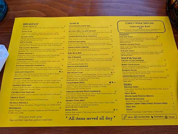 Bright yellow menus announce all-day service, meaning your 3 p.m. pancake craving is not only accepted but celebrated here.