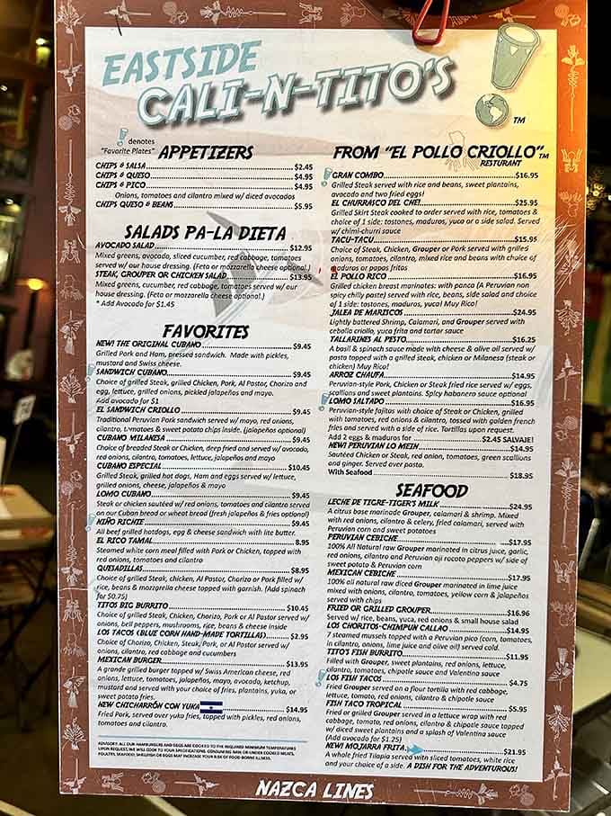 The menu reads like a Latin American passport, offering culinary adventures from Cuba to Peru and everywhere in between.
