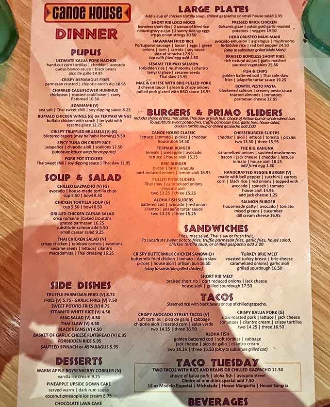 This menu reads like a love letter to the islands, offering everything from kalua pork nachos to pineapple upside-down cake.