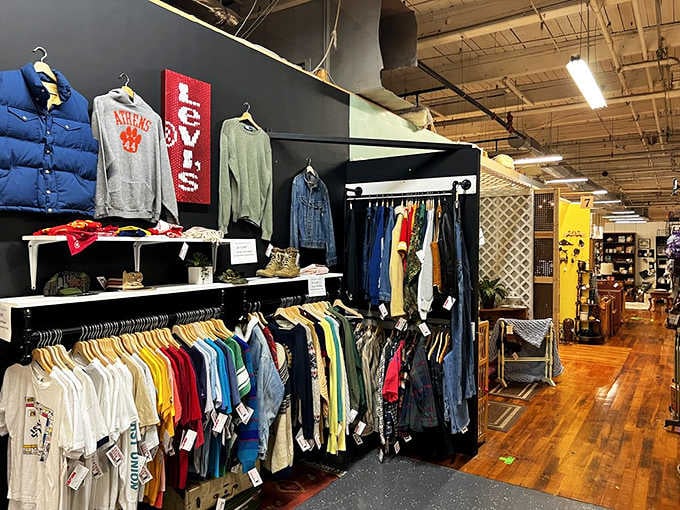 Vintage clothing racks showcase everything from retro tees to classic denim, because fashion always comes back around eventually.