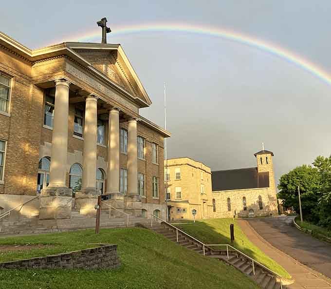 The Heyde Center stands proud under a rainbow, because even Mother Nature appreciates good architecture and community arts programming.