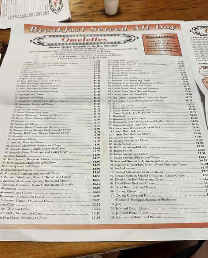 Behold the menu of dreams: 101 numbered omelets laid out like a breakfast choose-your-own-adventure novel with delicious endings.