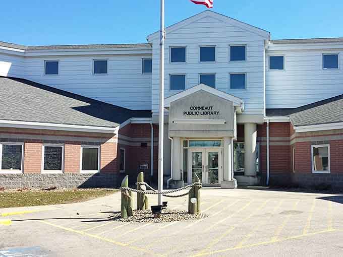 The public library stands proud, offering knowledge and community gathering space without requiring a membership fee or password.