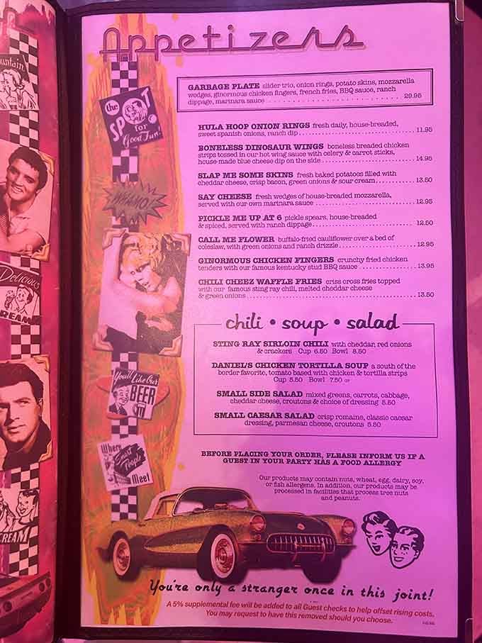 Menu items with names like "Boneless Dinosaur Wings" prove someone here has a delightful sense of humor and priorities.