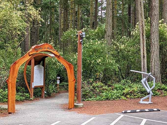 This wooden archway welcomes you to forest trails where nature does all the talking and you do the listening.