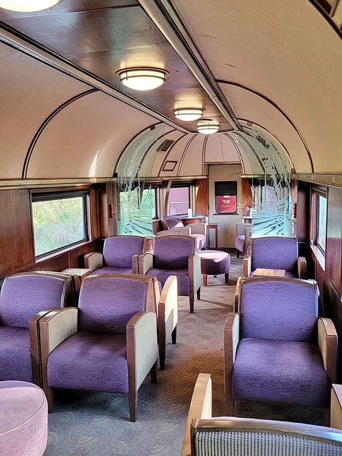 Purple velvet seats and Art Deco curves make you feel like you've stepped into a 1950s movie.